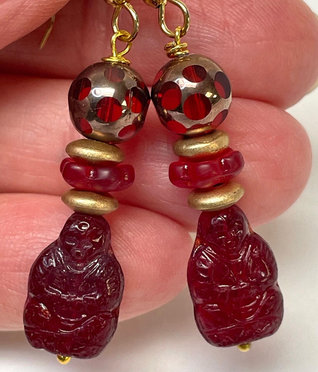 Vintage German Pressed Glass RED BUDDHA Bead Dangle Drop Earrings ...
