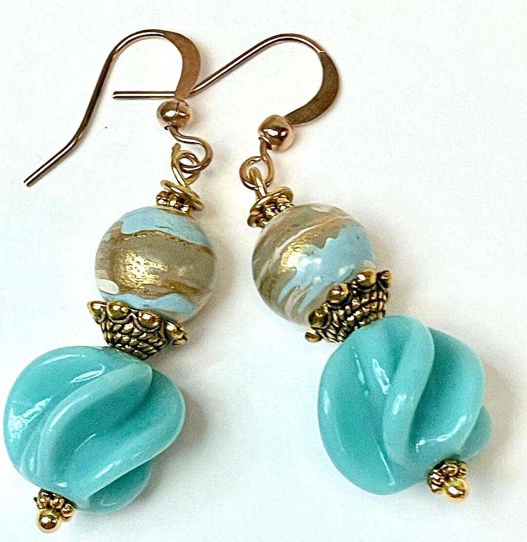 Vintage Japanese FIN GLASS TURQUOISE Bead Earrings Dangle Drop,vintage ...