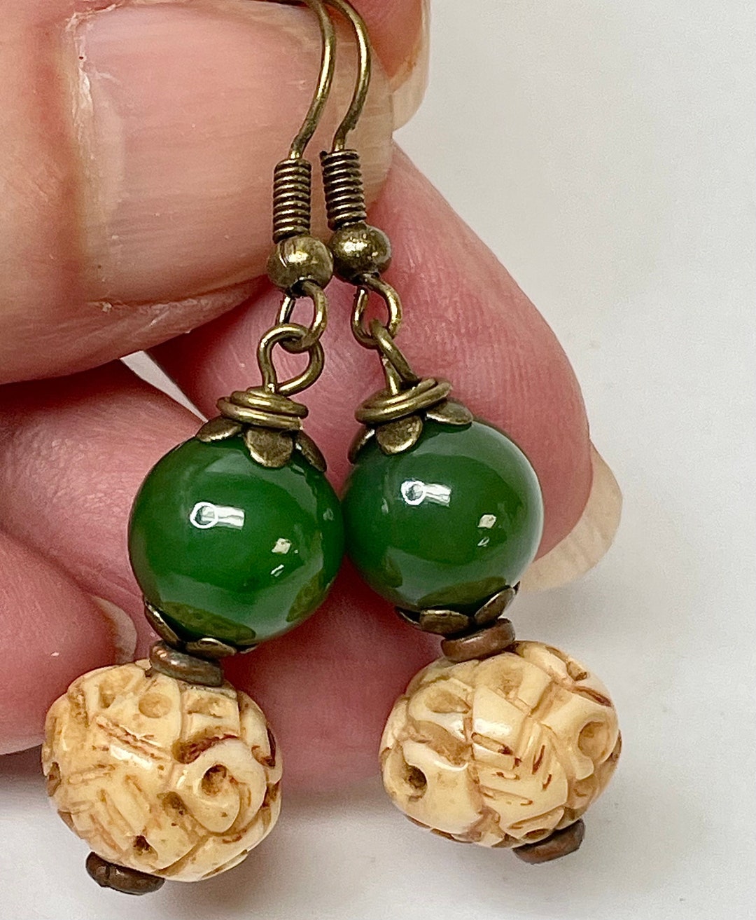 Vintage JADE Spinach Green NEPHRITE AA Grade Bead Dangle Earrings ...