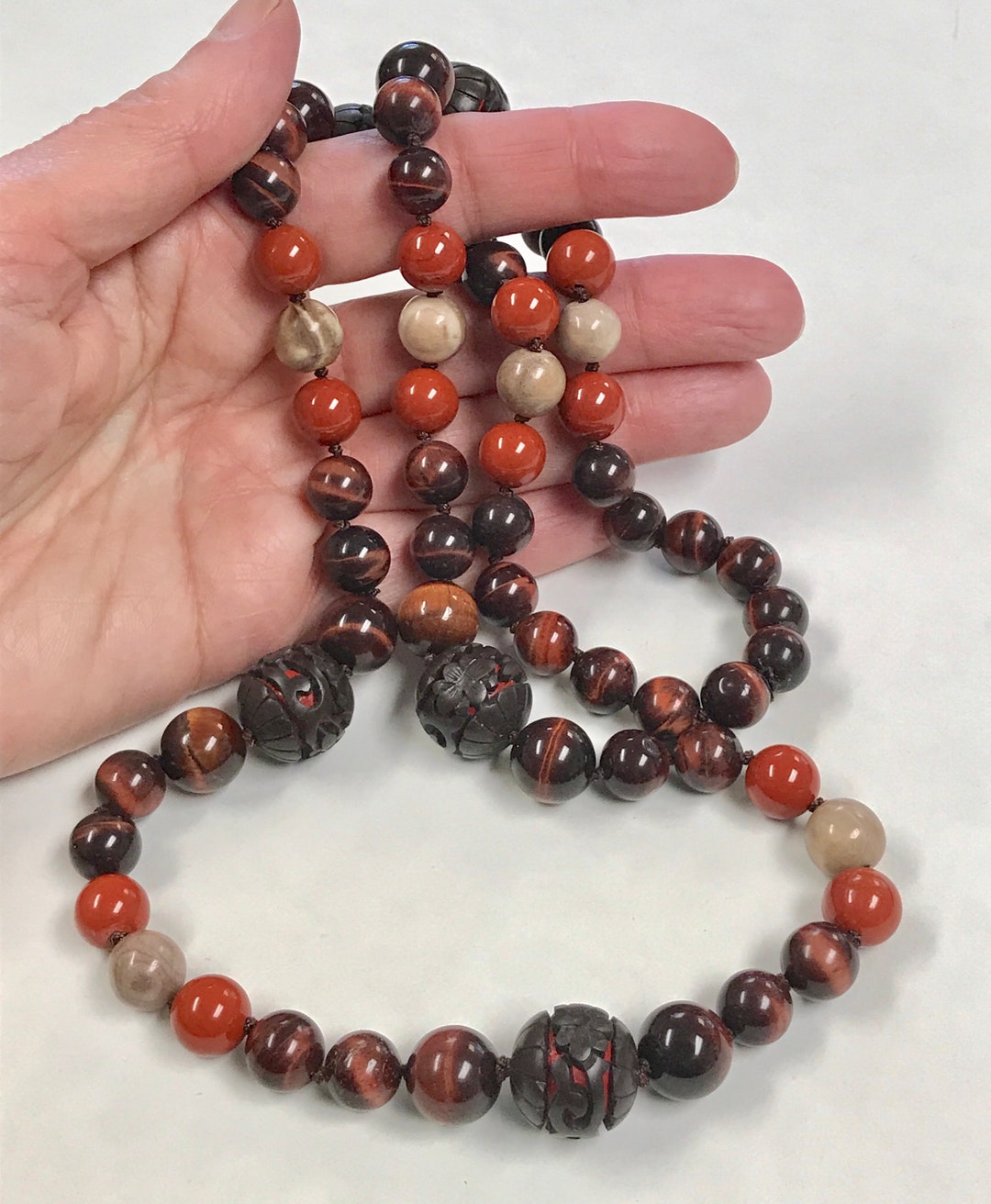 Vintage Chinese RARE BROWN Floral CINNABAR Bead Knotted Necklace ...