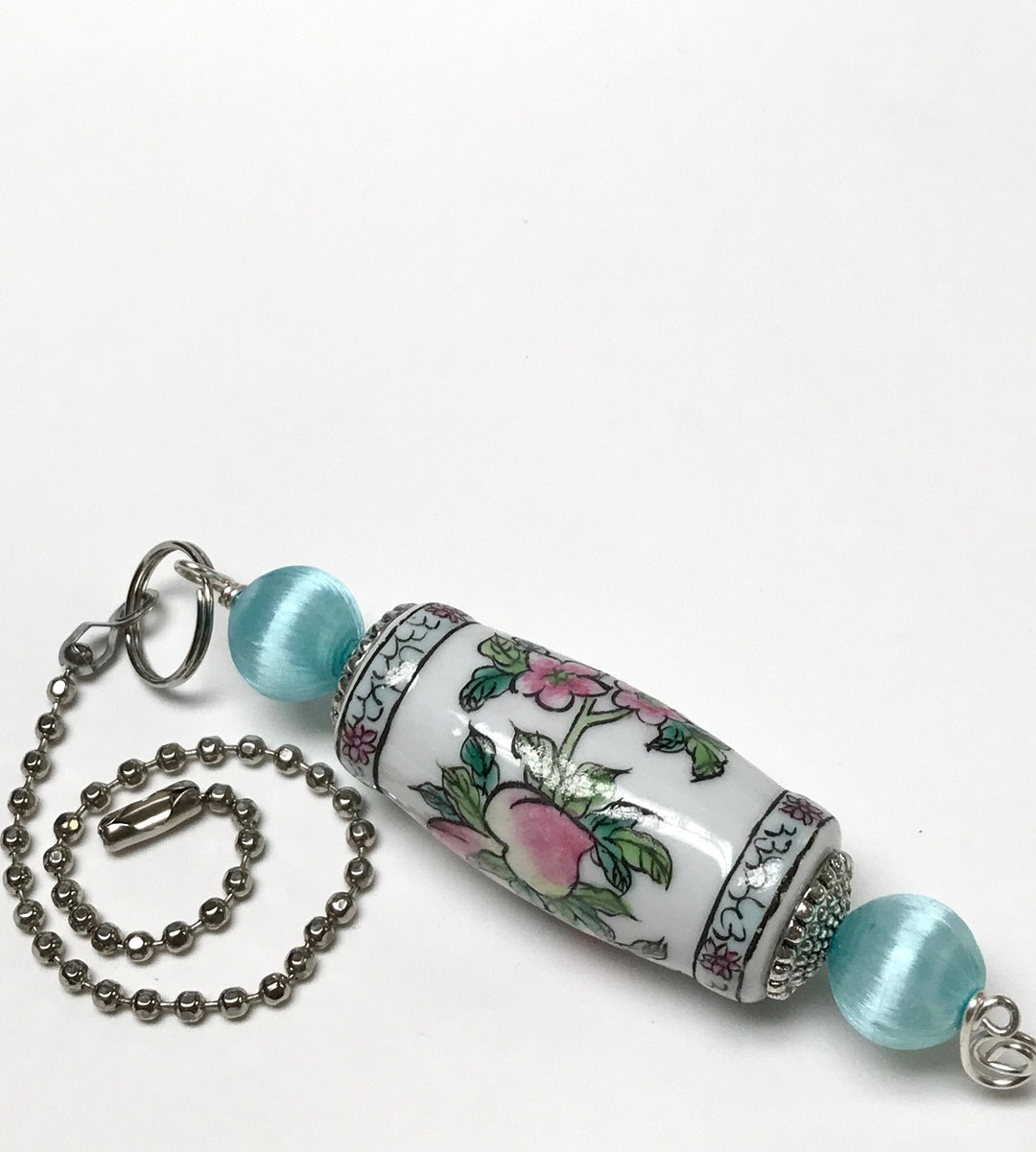 Vintage Chinese PORCELAIN FAN PULL White Barrel Shaped Bead Pink ...