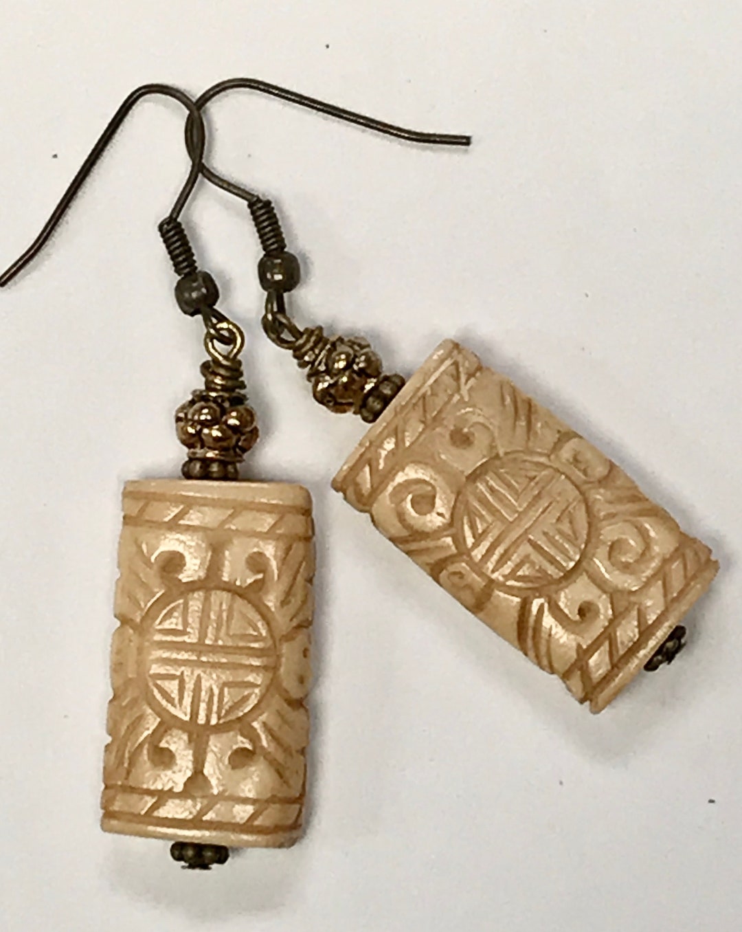 Vintage Chinese DOUBLE HAPPINESS Etched Carved Bone Rectangular Bead ...