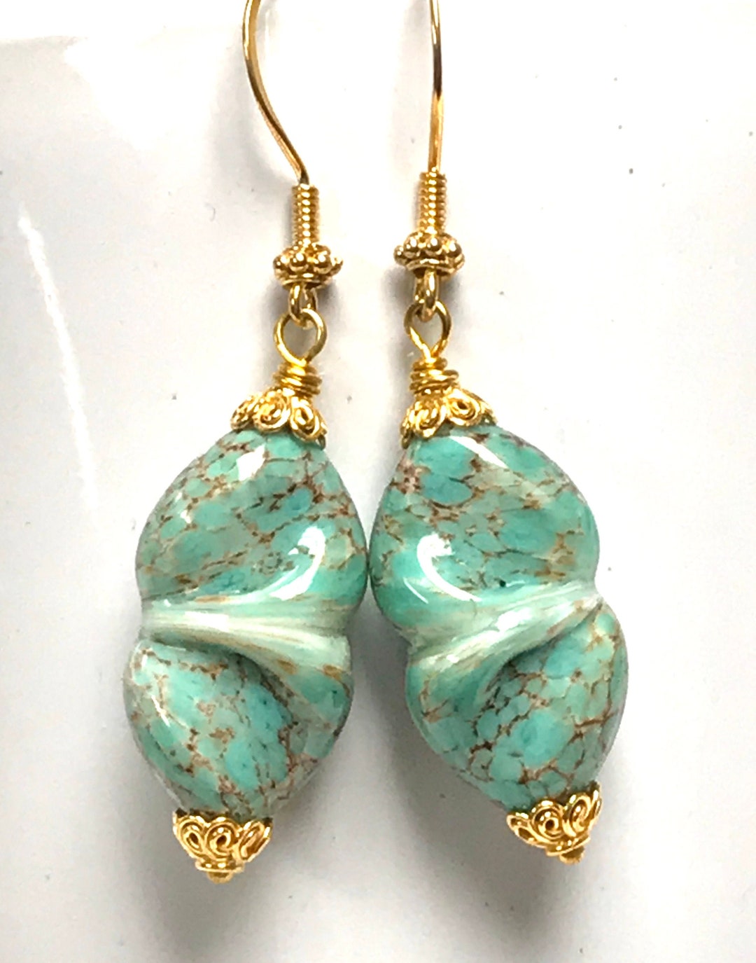 Vintage ART GLASS Japanese Turquoise Bead OOAK Earrings Gold Dangle ...