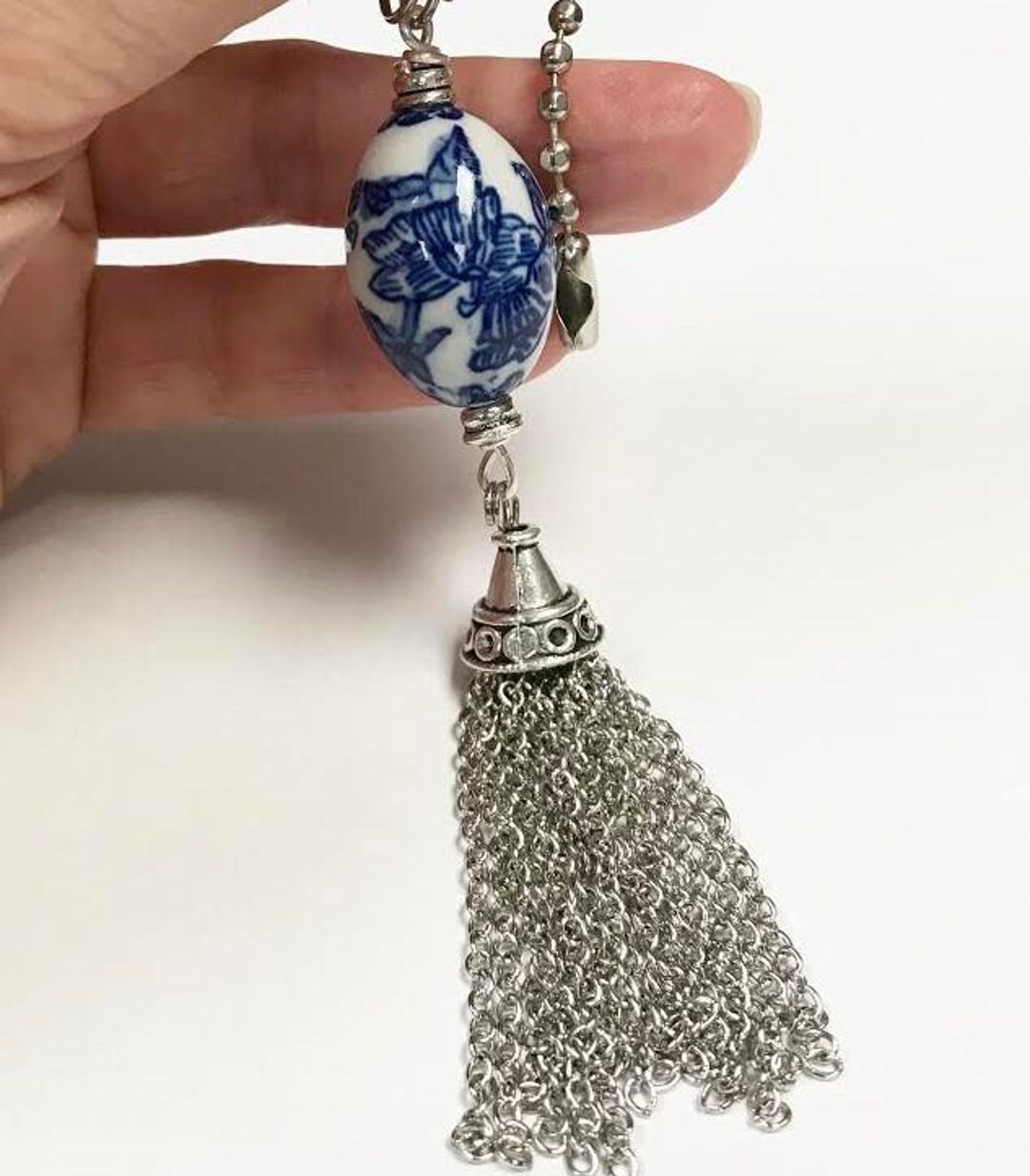 Vintage FAN Pull Porcelain Chinese CALLIGRAPHY FLOWERS Bead White ...