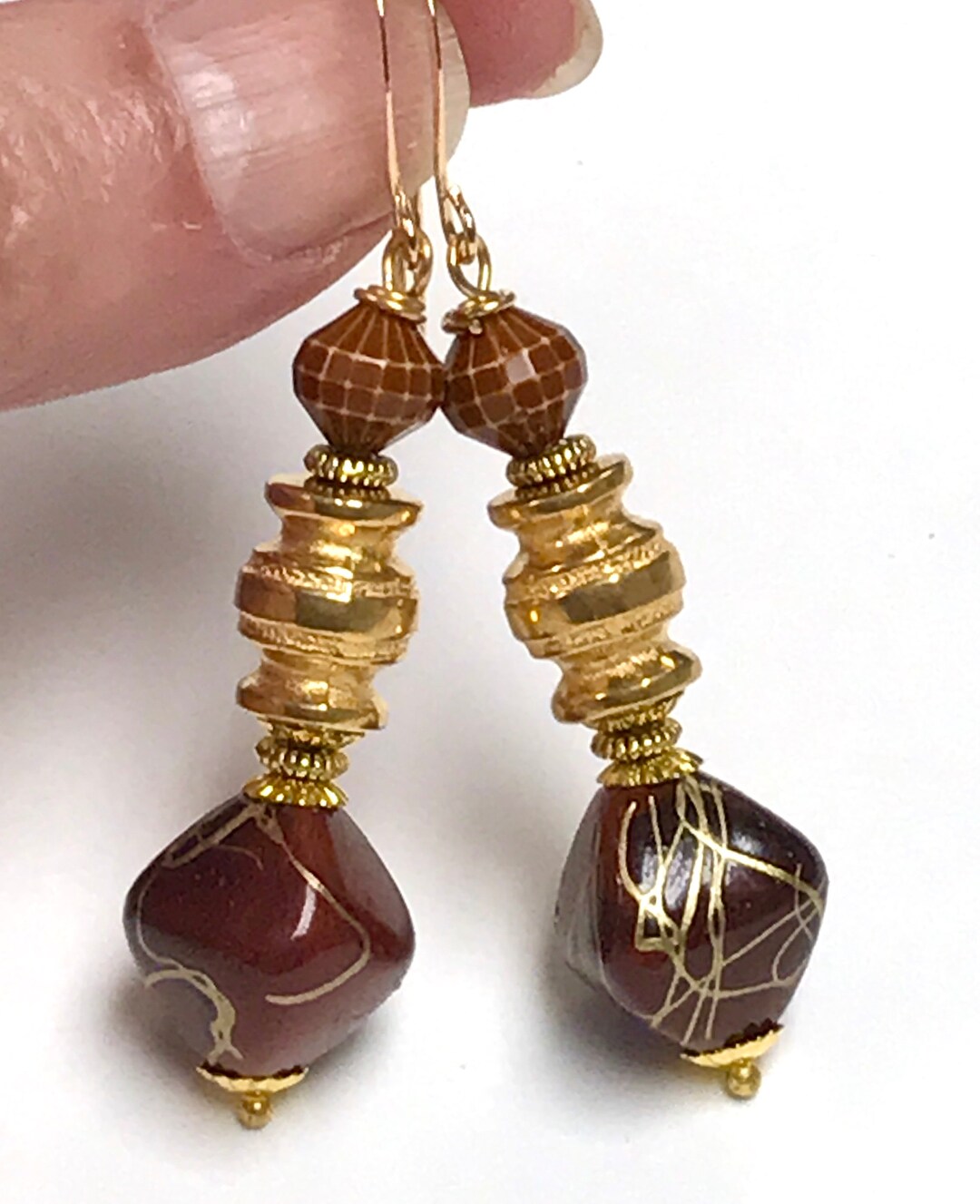 Vintage JAPANESE Lucite GOLD DRIZZLE Bicone Bead Dangle Earrings ...
