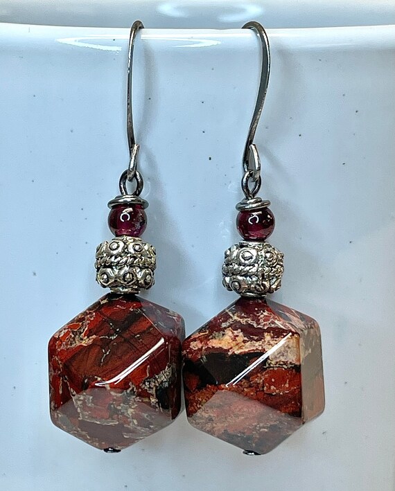 Vintage Brecciated JASPER RARE CUBOID Stone Bead Dang… - Gem