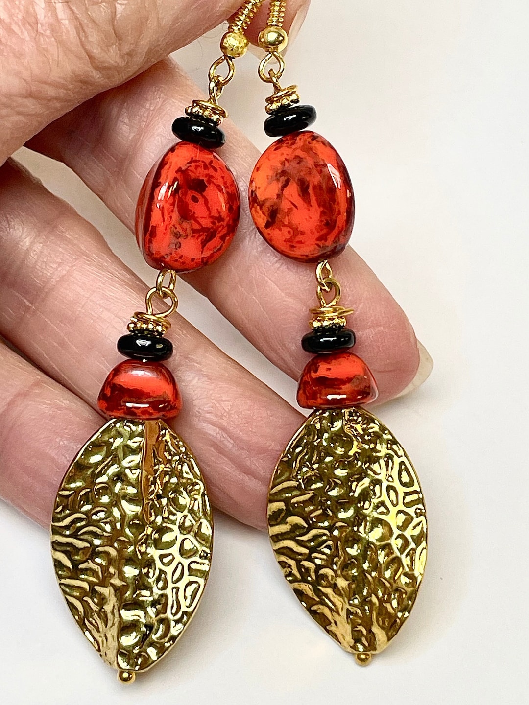 Vintage Japanese Glass PICASSO RED BLACK Bead Long Dangle Earrings ...
