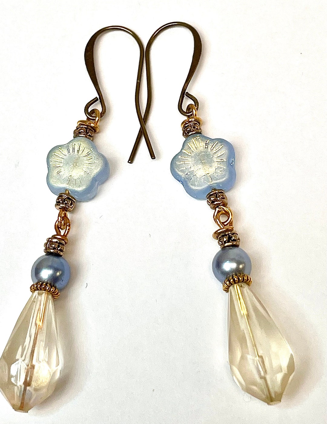 Vintage PERIWINKLE BLUE Pressed Glass FLOWER Bead Earrings German ...