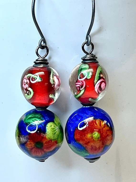 Vintage Chinese ENAMEL Cobalt Blue Red Green Dangle B… - Gem