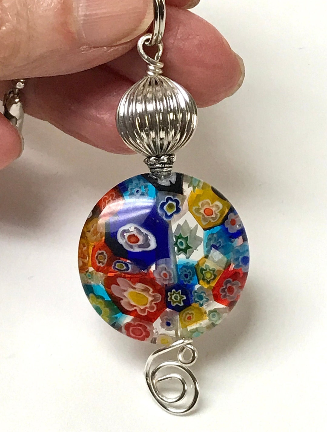 Vintage Chinese MILLEFIORI GLASS Bead OOAK Fan Light Pull Blue Yellow ...