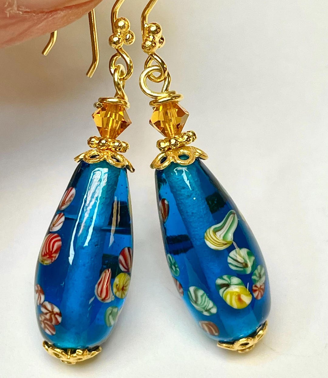 Vintage Japanese AZURE BLUE Millefiori Teardrop Glass Bead Dangle ...