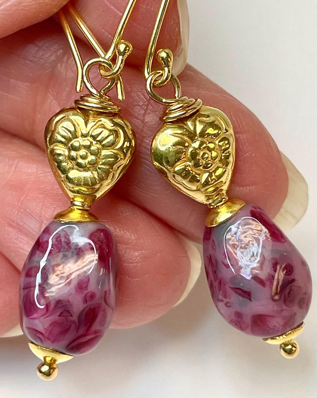 Vintage JAPANESE ART GLASS Raspberry Violet Nugget Dangle Bead Earrings ...