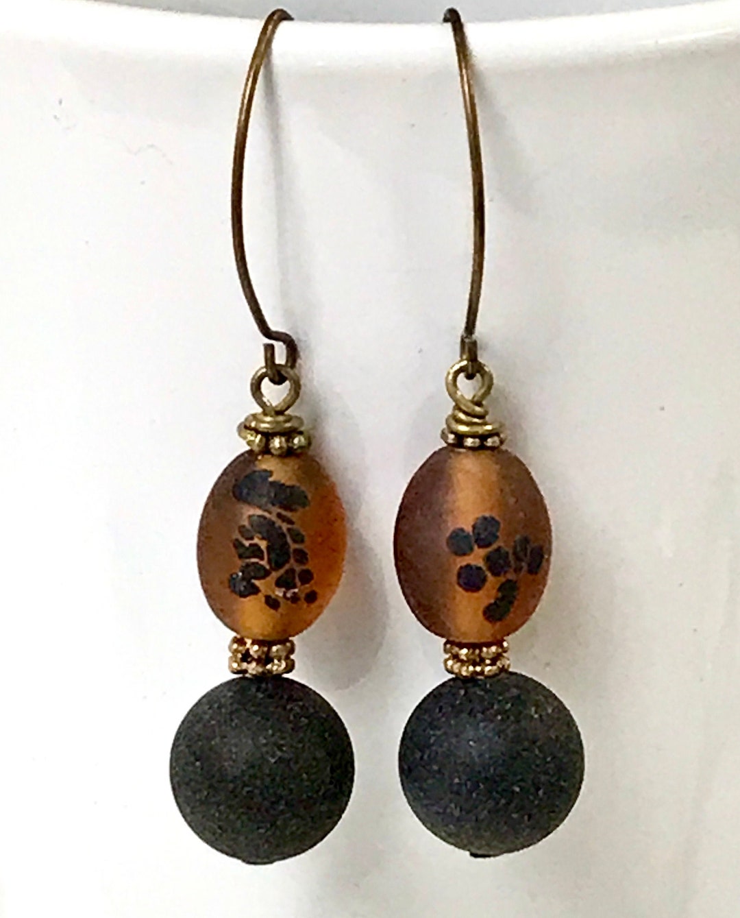 Vintage Japanese GLASS HONEY Topaz BLACK Oval Bead Dangle Drop Earrings ...