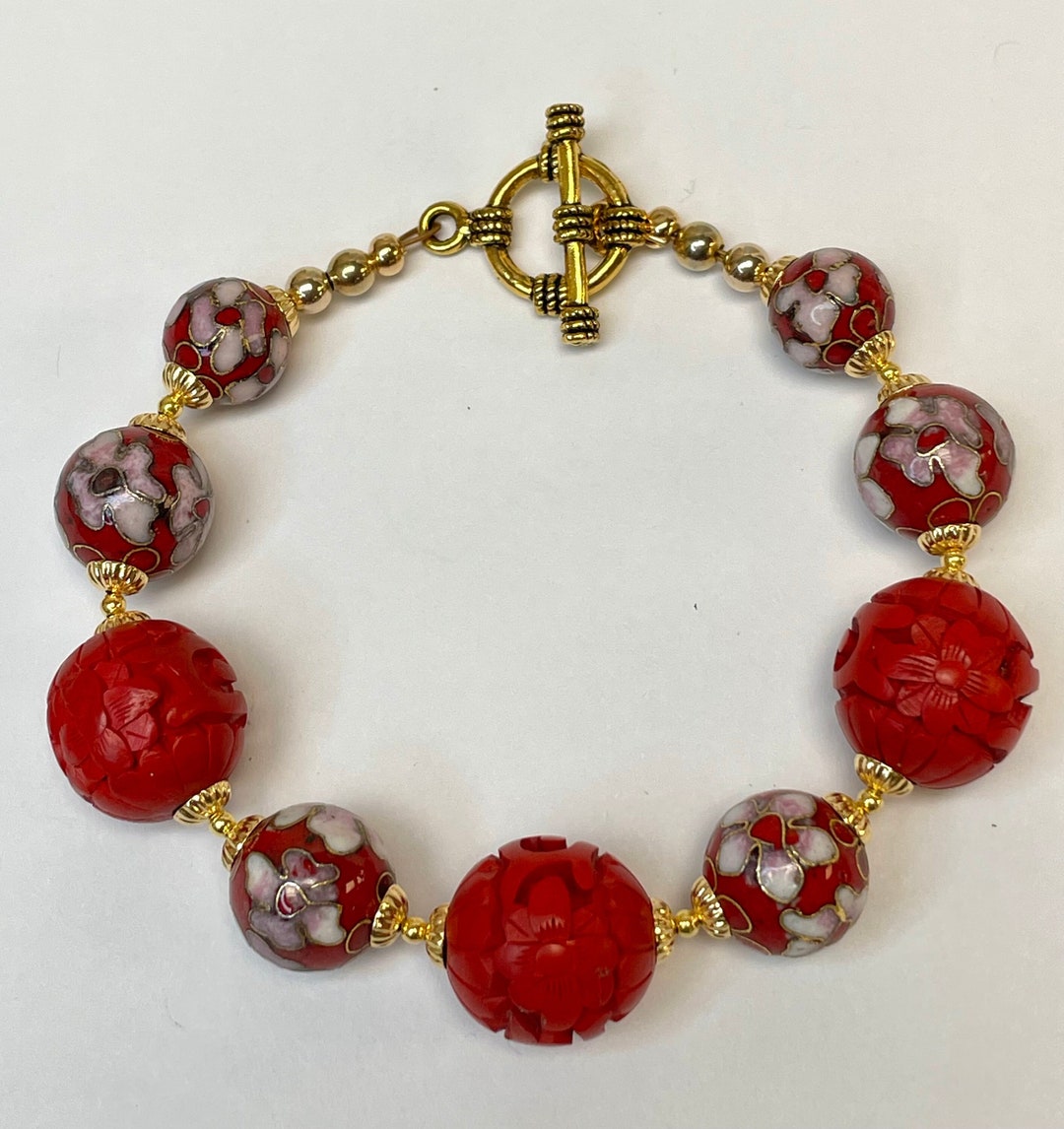 Vintage Chinese Red Cinnabar Bead Red Cloisonne Pink Flower Bead ...