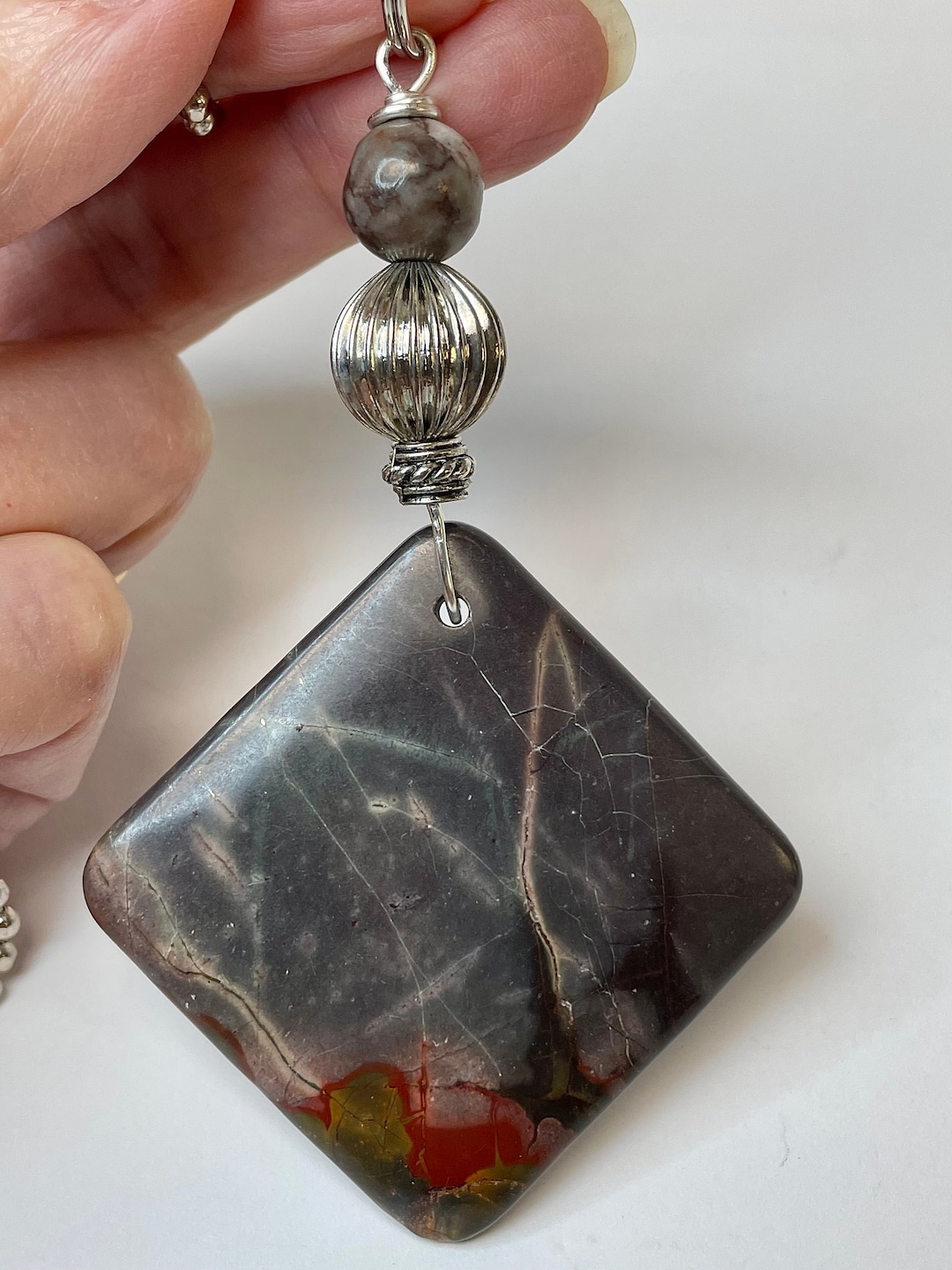Vintage JASPER Diamond Shaped Pendant Purple Red Fan Light Pull Stone ...
