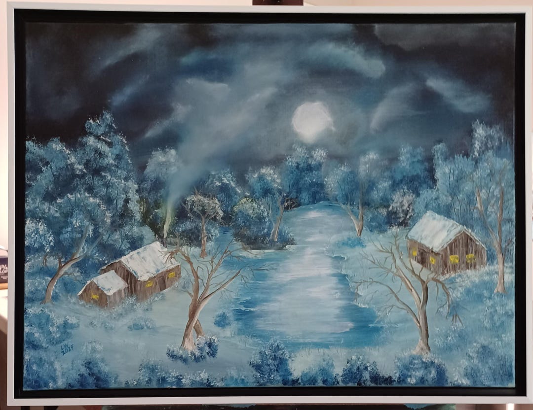 Winter Night. 24" X 18" Original Oil Painting Landscape, Floater Frame ...