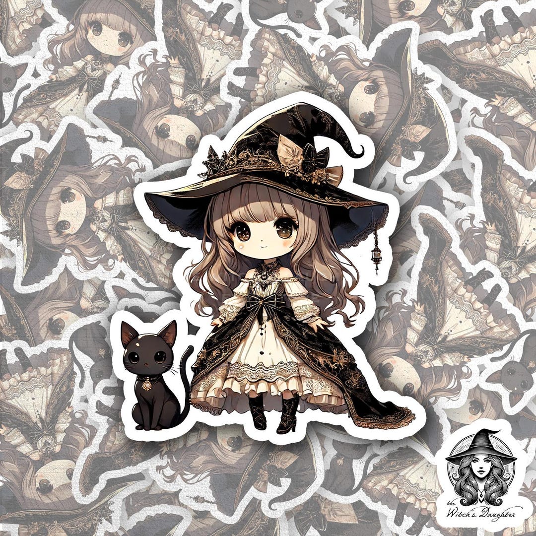 Chibi Witch & Black Cat Sticker - Gothic Witch Girl in Elegant Lace and ...
