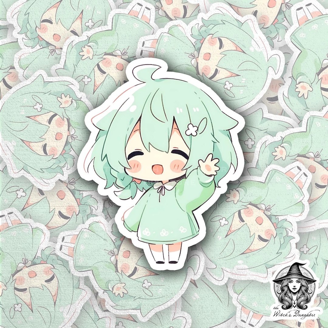 Adorable Waving Chibi Girl Sticker – Mint Green Hair, Kawaii Anime Art ...