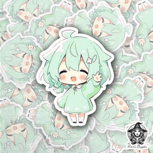 Adorable Waving Chibi Girl Sticker – Mint Green Hair, Kawaii Anime Art ...