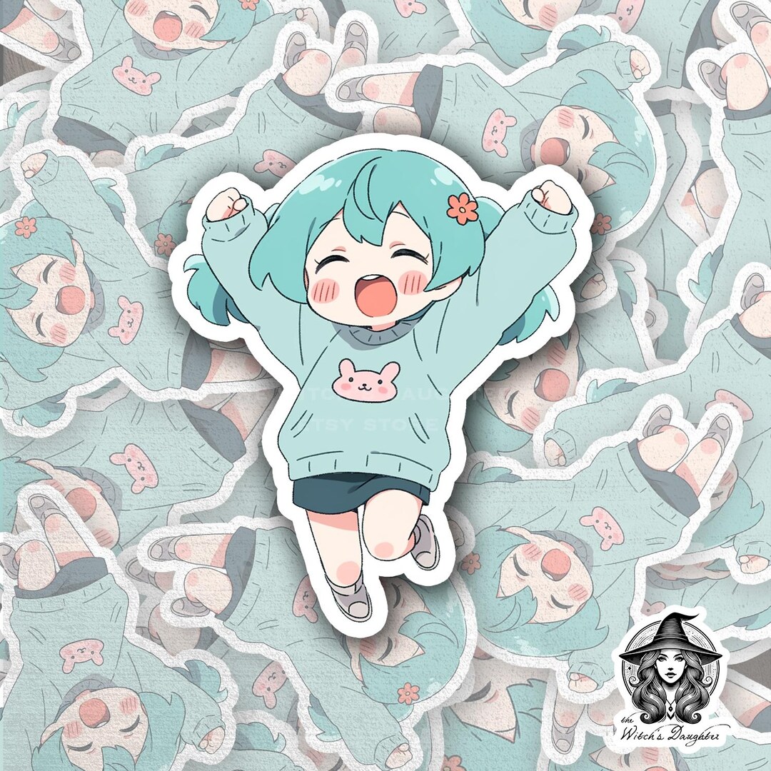 Happy Anime Girl Sticker | Excited Chibi in Bunny Sweater | Mint Hair ...