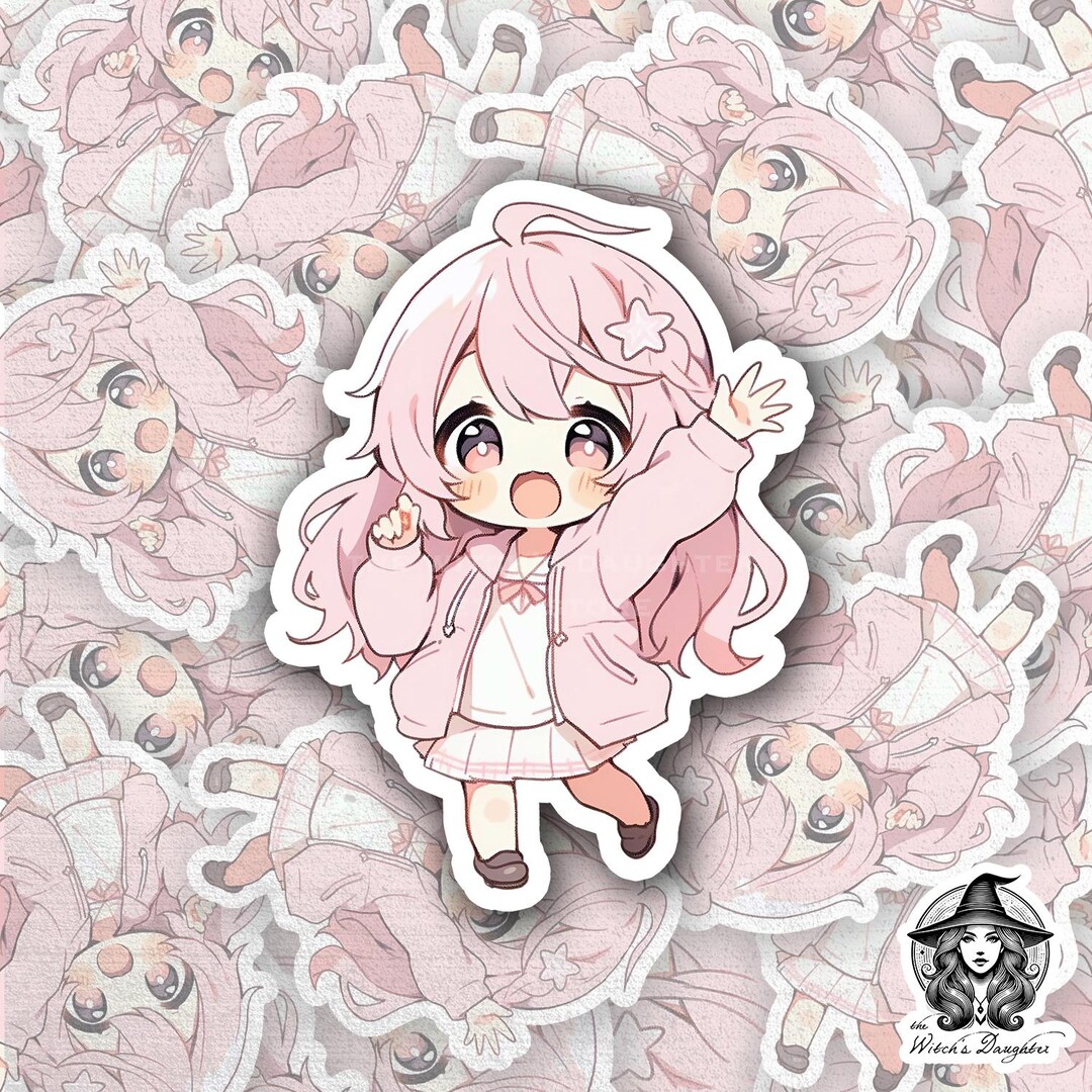 Adorable Pink Chibi Girl Sticker – Kawaii Anime Character Waving | Cute ...