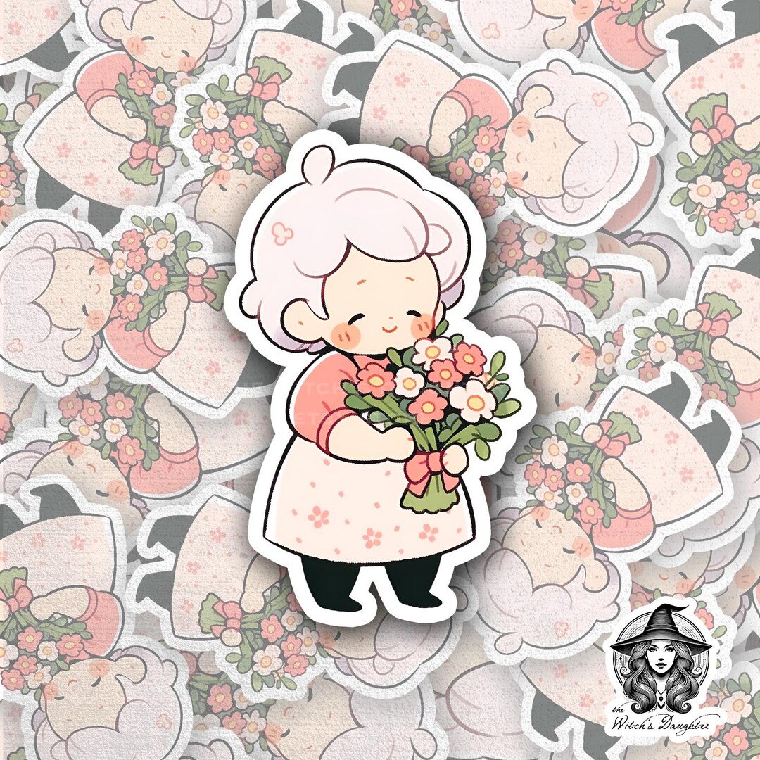 Kawaii Grandma Sticker | Elderly Lady Flowers Chibi | Sweet Grandmother ...