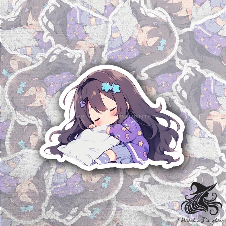 Kawaii Sleepy Chibi Girl Sticker Cute Anime Vinyl Decal in Pajamas ...