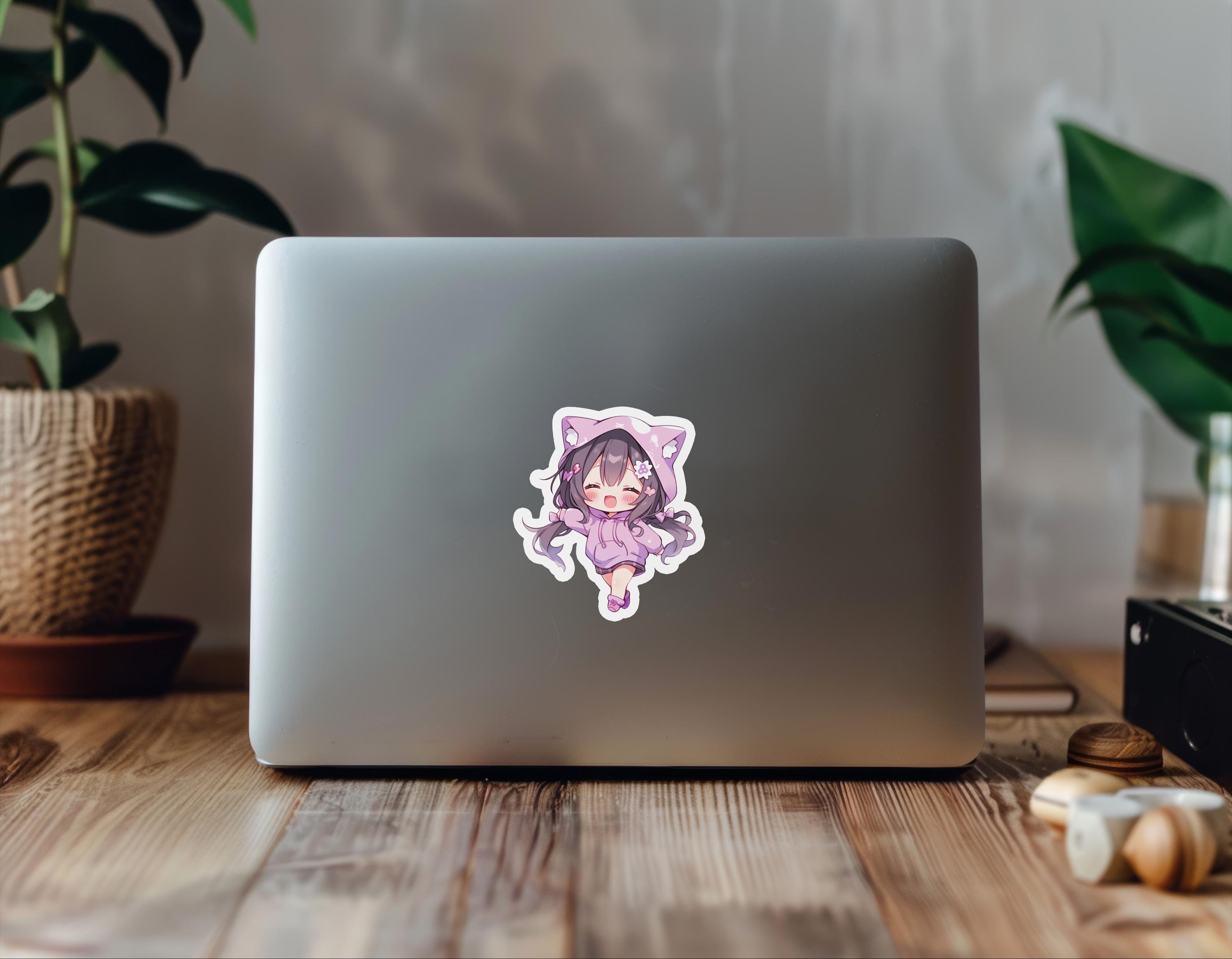 Kawaii Chibi Cat Girl Sticker Cute Anime Vinyl Decal in Purple Hoodie ...