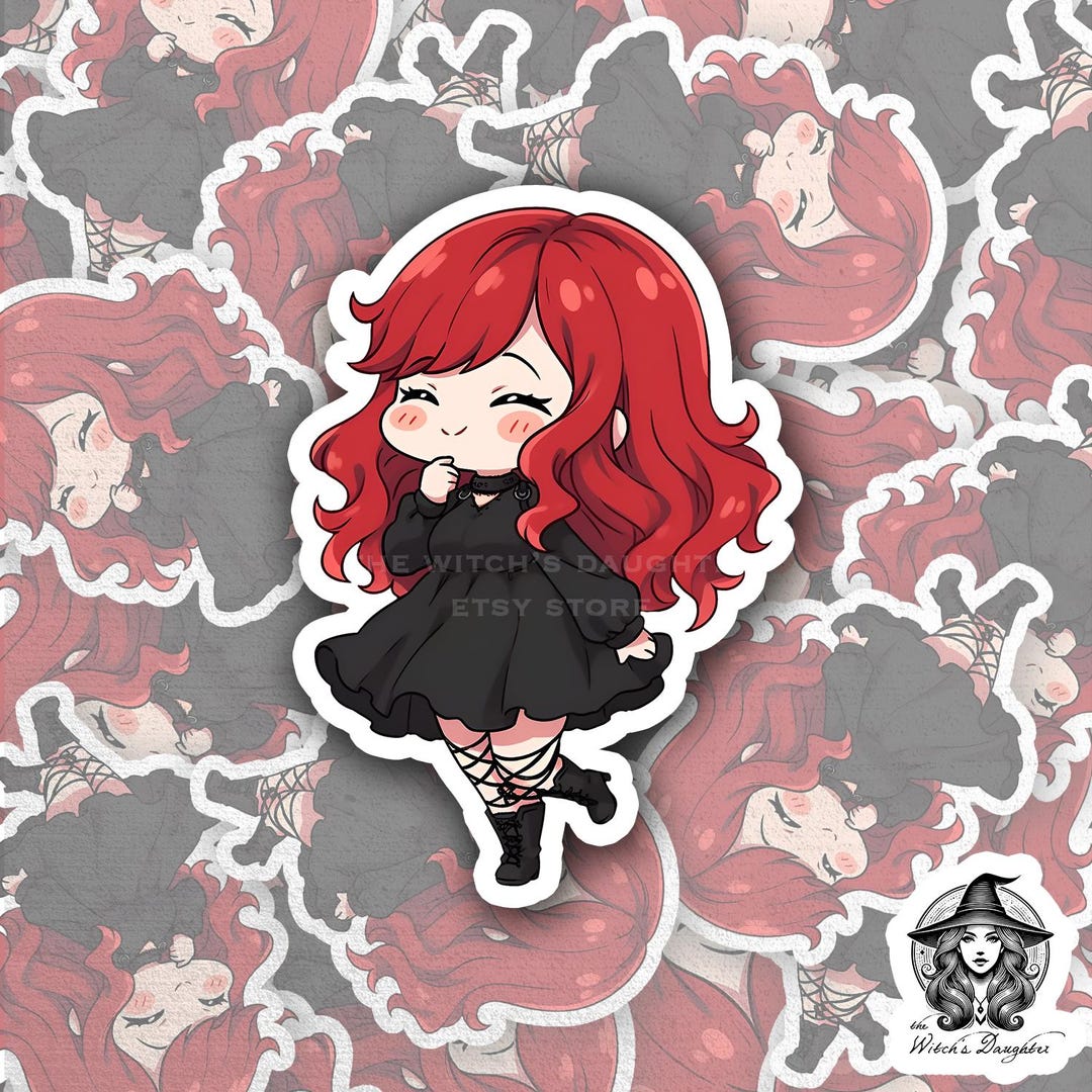 Red-haired Goth Chibi Girl Sticker | Waterproof Vinyl 3-inch - Etsy