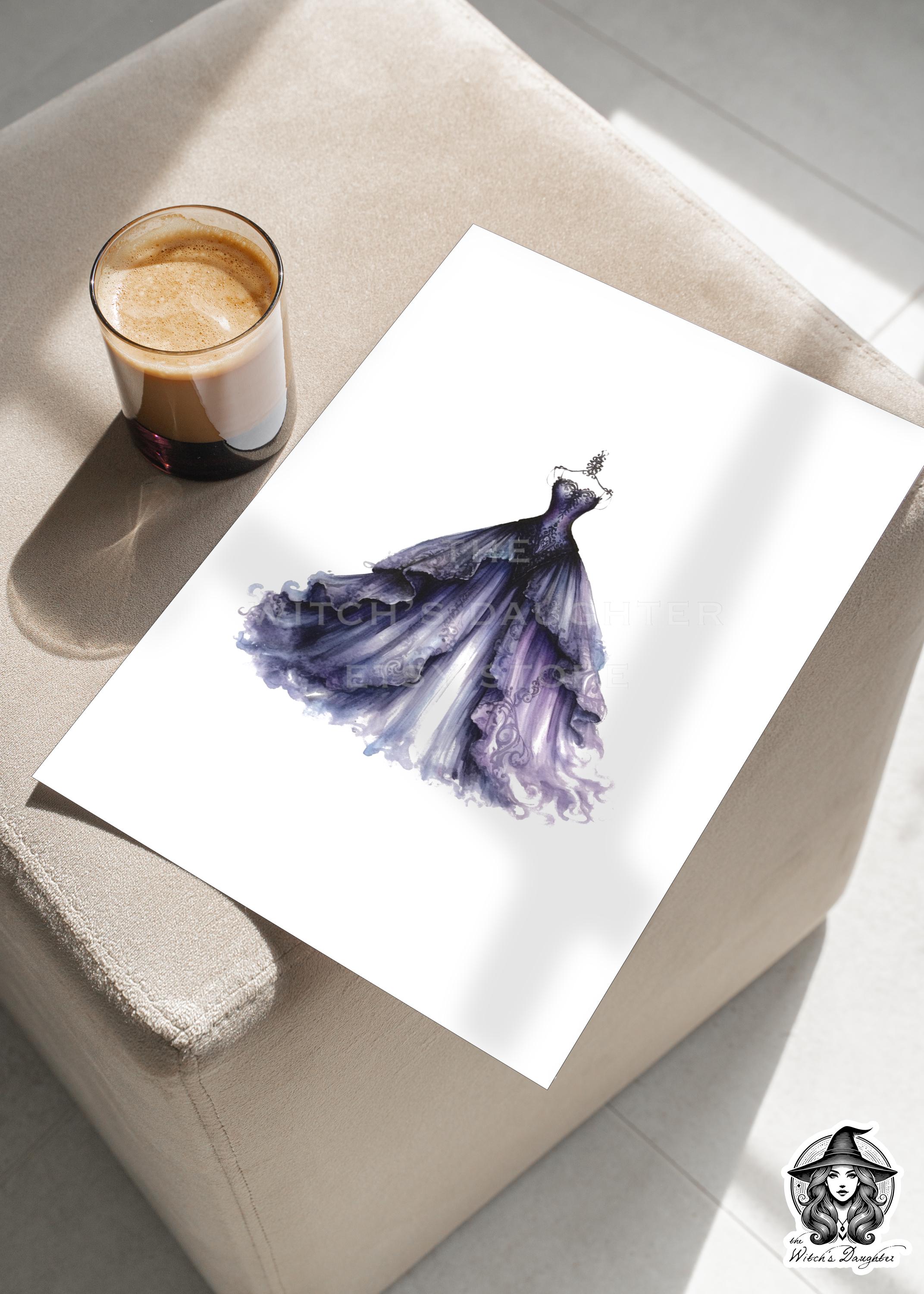 Gothic Ball Gown Art Print – Ethereal Purple Ombre Dress Illustration ...