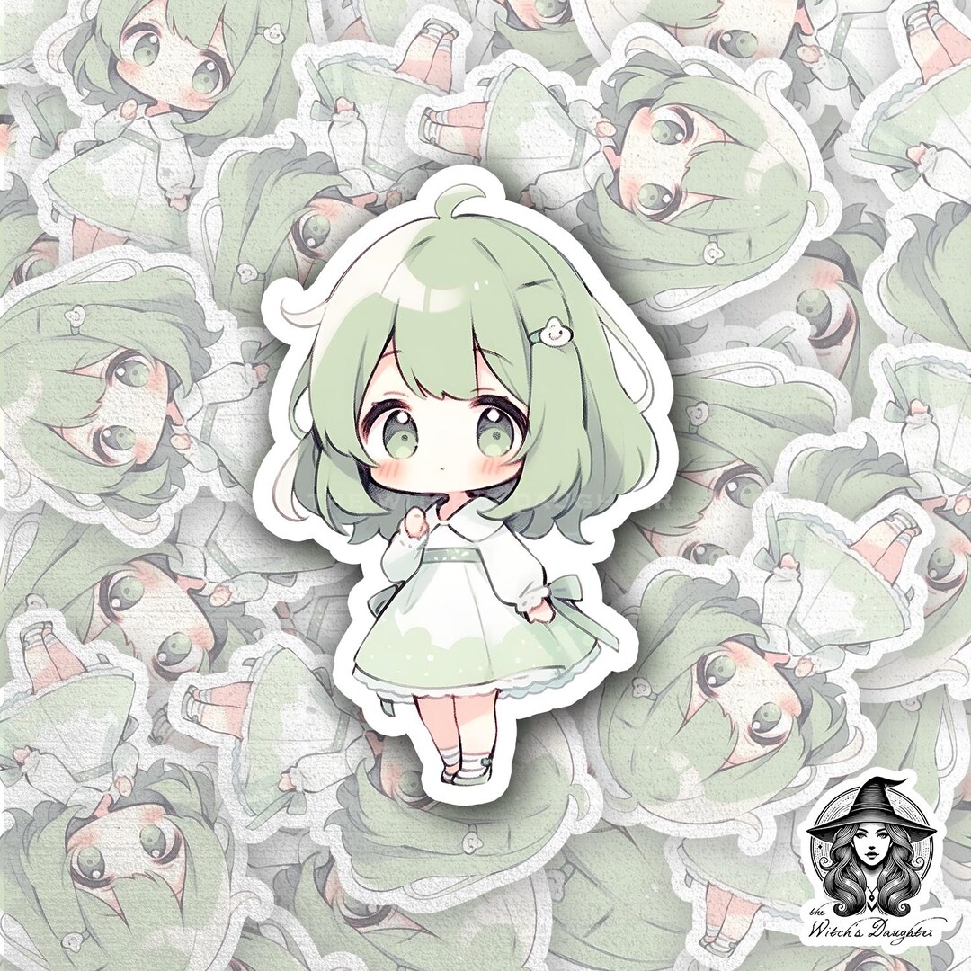 Adorable Mint Green Chibi Girl Sticker– Kawaii Anime Art in Elegant ...