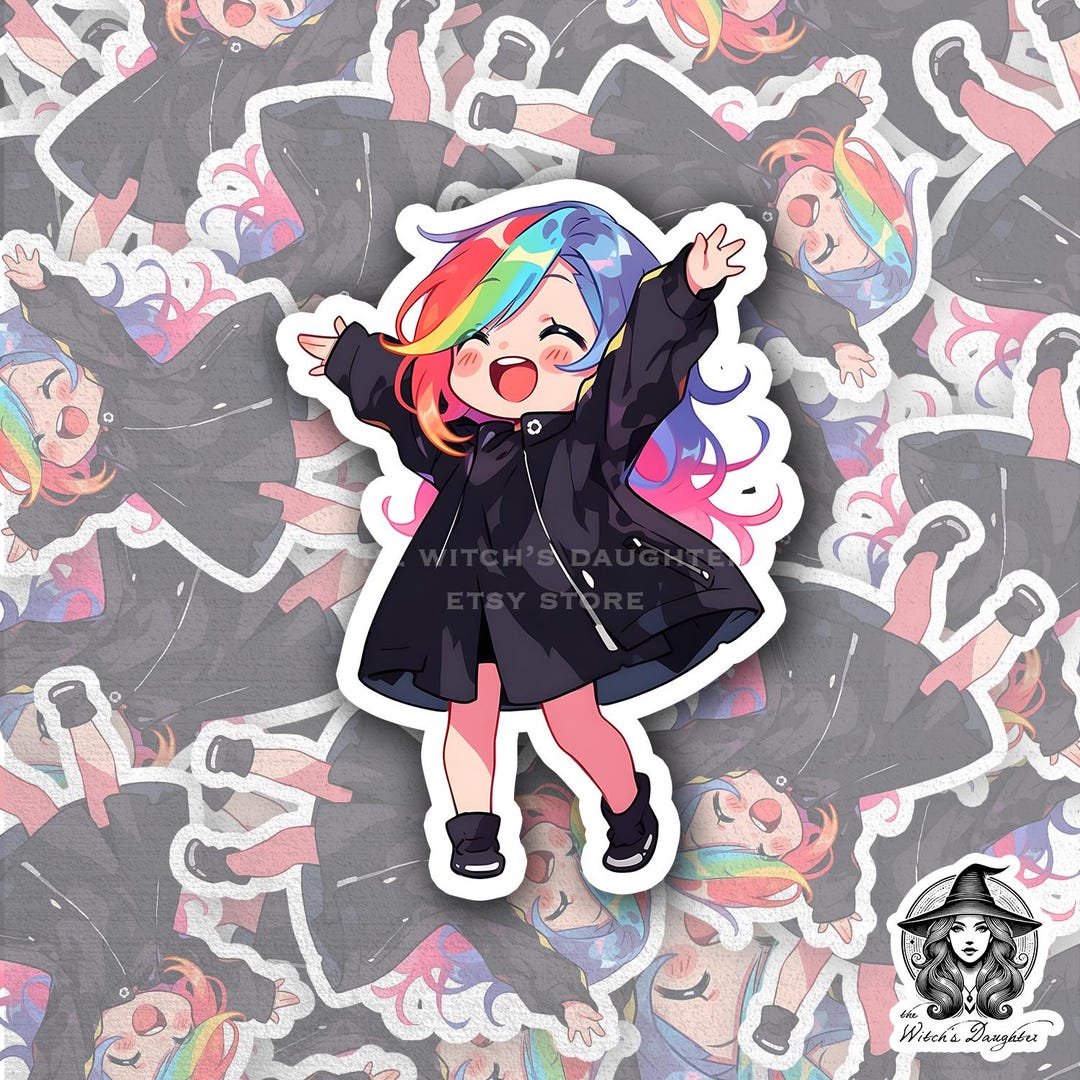 Rainbow Hair Chibi Girl Sticker | Kawaii Anime Character in Black Coat ...