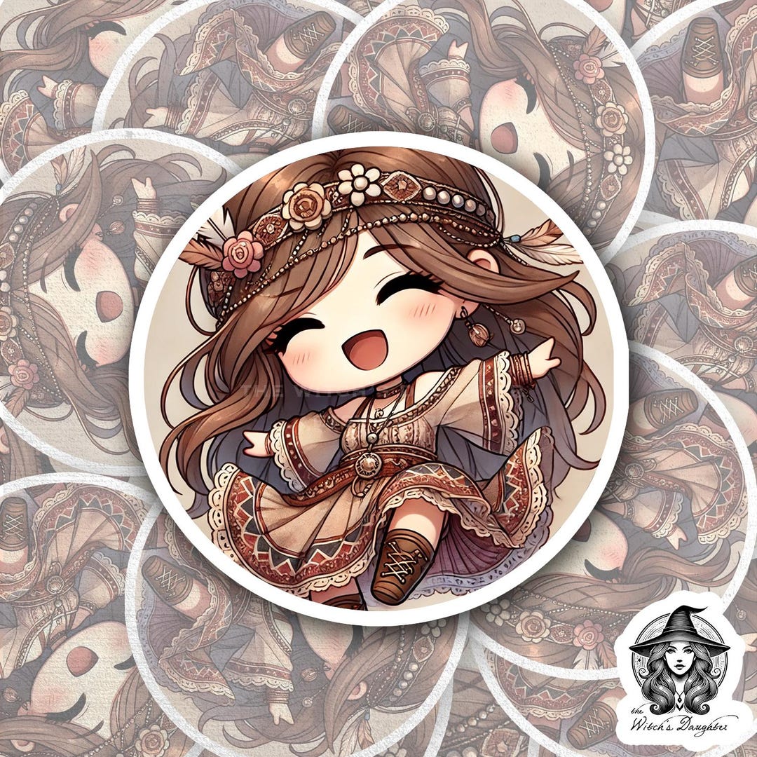 Boho Chibi Girl Sticker - Hippie Vibes With Floral Headband and ...