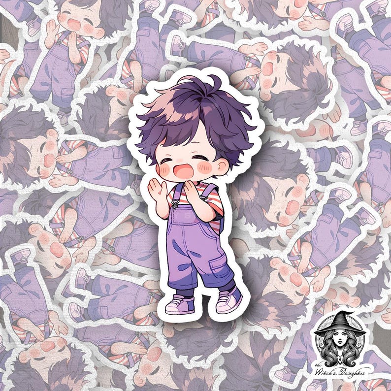 Kawaii Anime Boy Sticker | Purple Overalls Striped Shirt Chibi | Vinyl ...