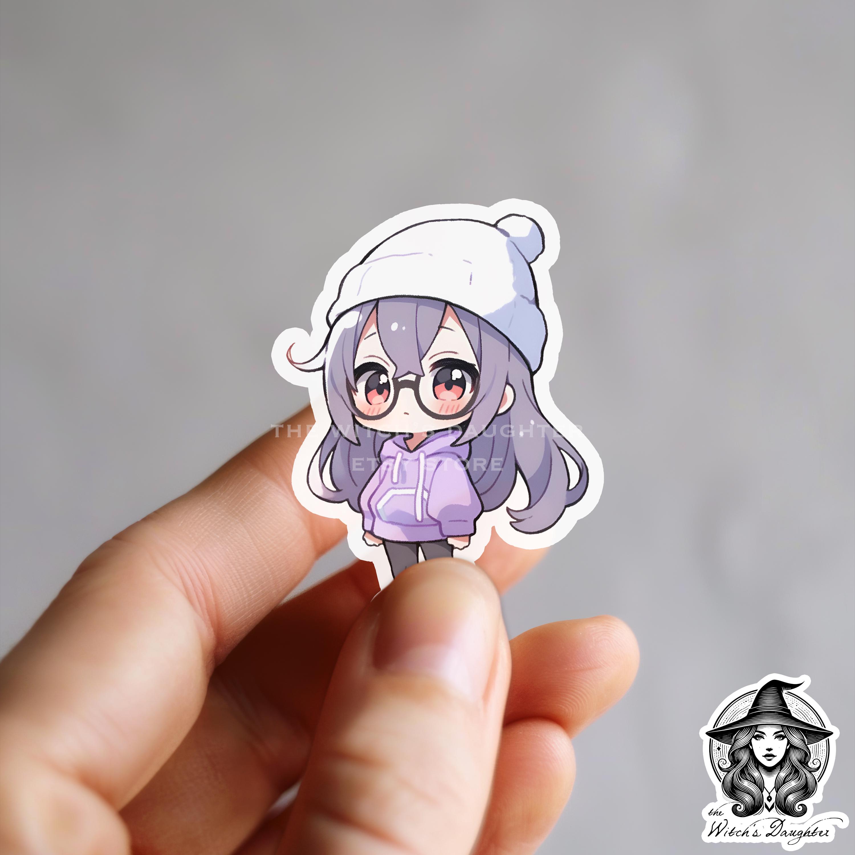 Adorable Chibi Girl Sticker – Glasses, White Beanie and Purple Hoodie ...