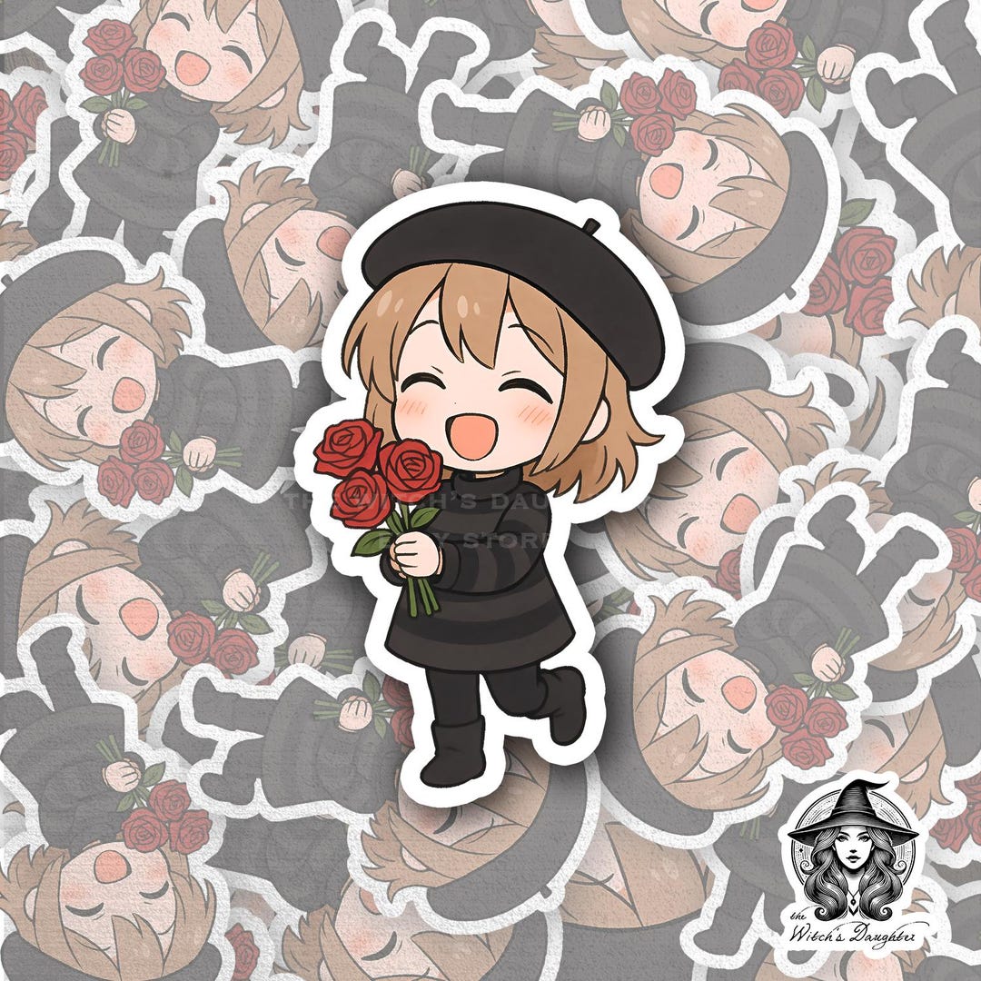 Chibi Anime Girl Sticker | Black Beret Red Roses | Kawaii Vinyl Decal ...