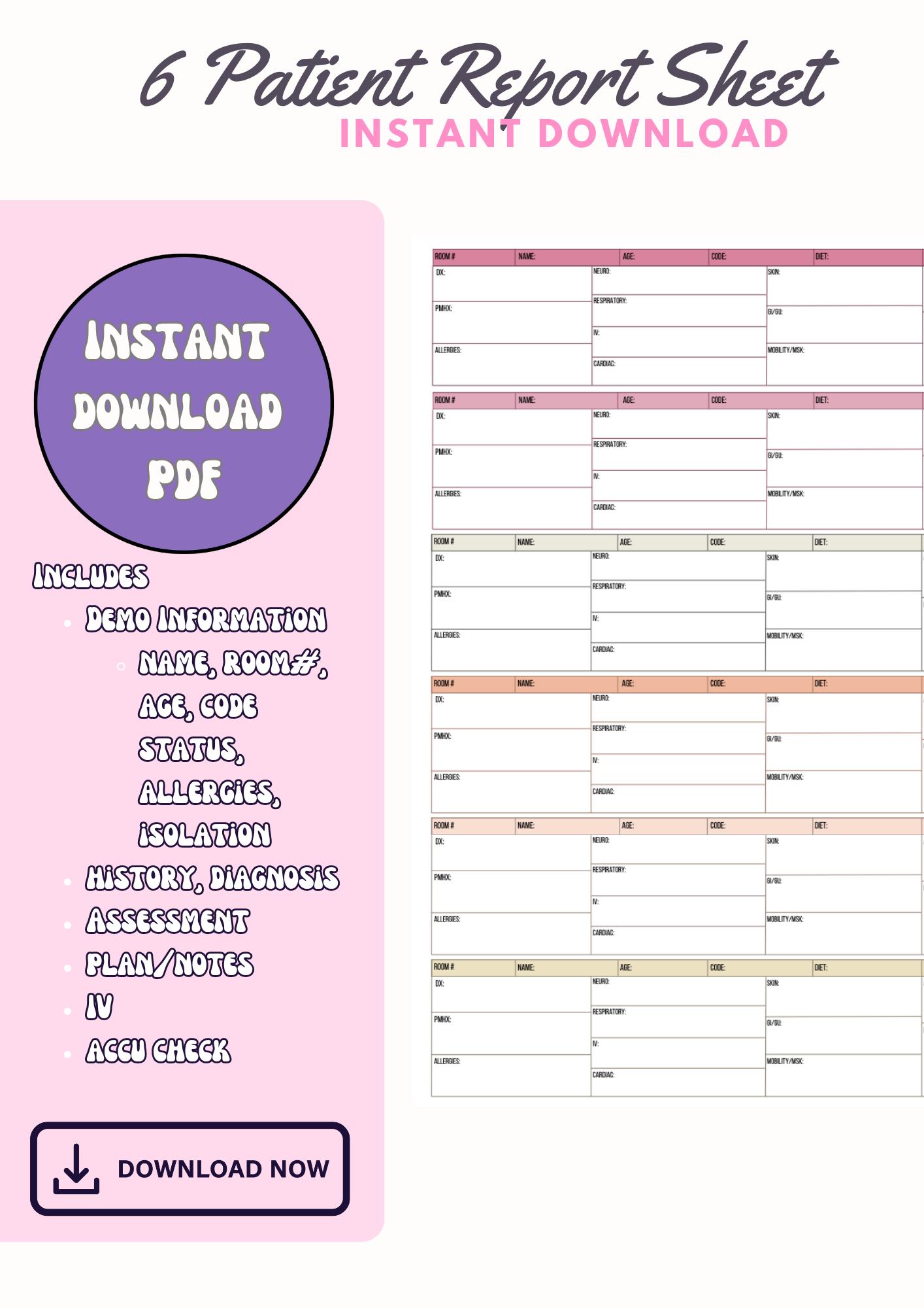 6 Patient Printable Nurse Report Sheet, Med/surg Nurse Brain Report ...