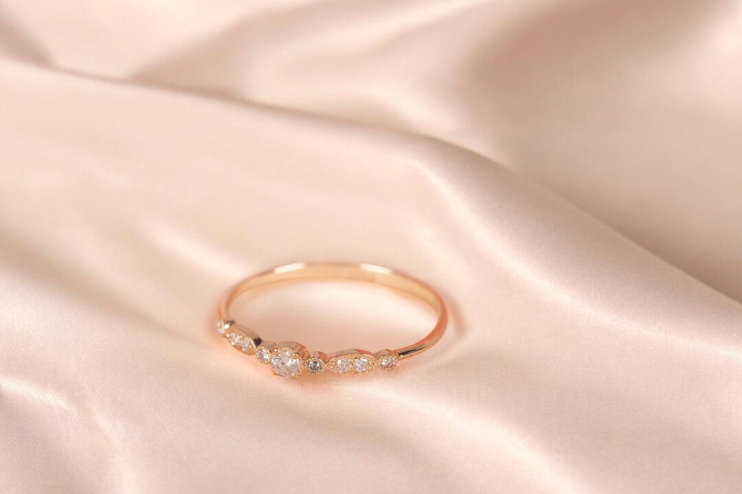 14K Solid Gold Ring With Shiny Cubic Zirconia Stones, Delicate Proposal ...