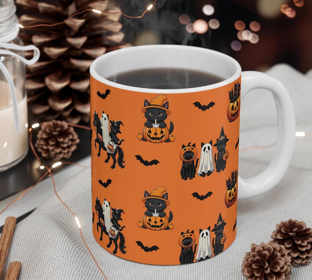 Halloween Cat Mug Black Cats Witch Ghost Pumpkin Design Spooky Coffee ...