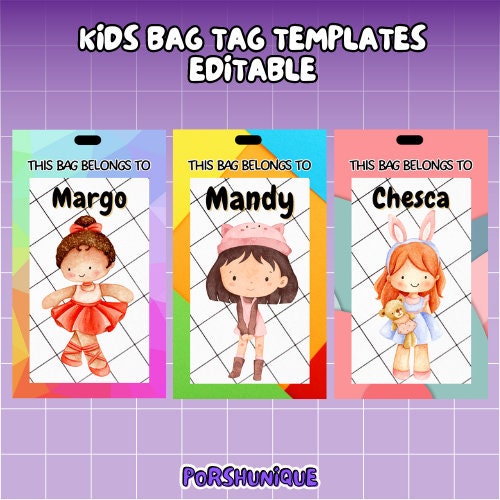 Editable Kids Bag Tag Templates | Cute & Personalized Digital Download ...