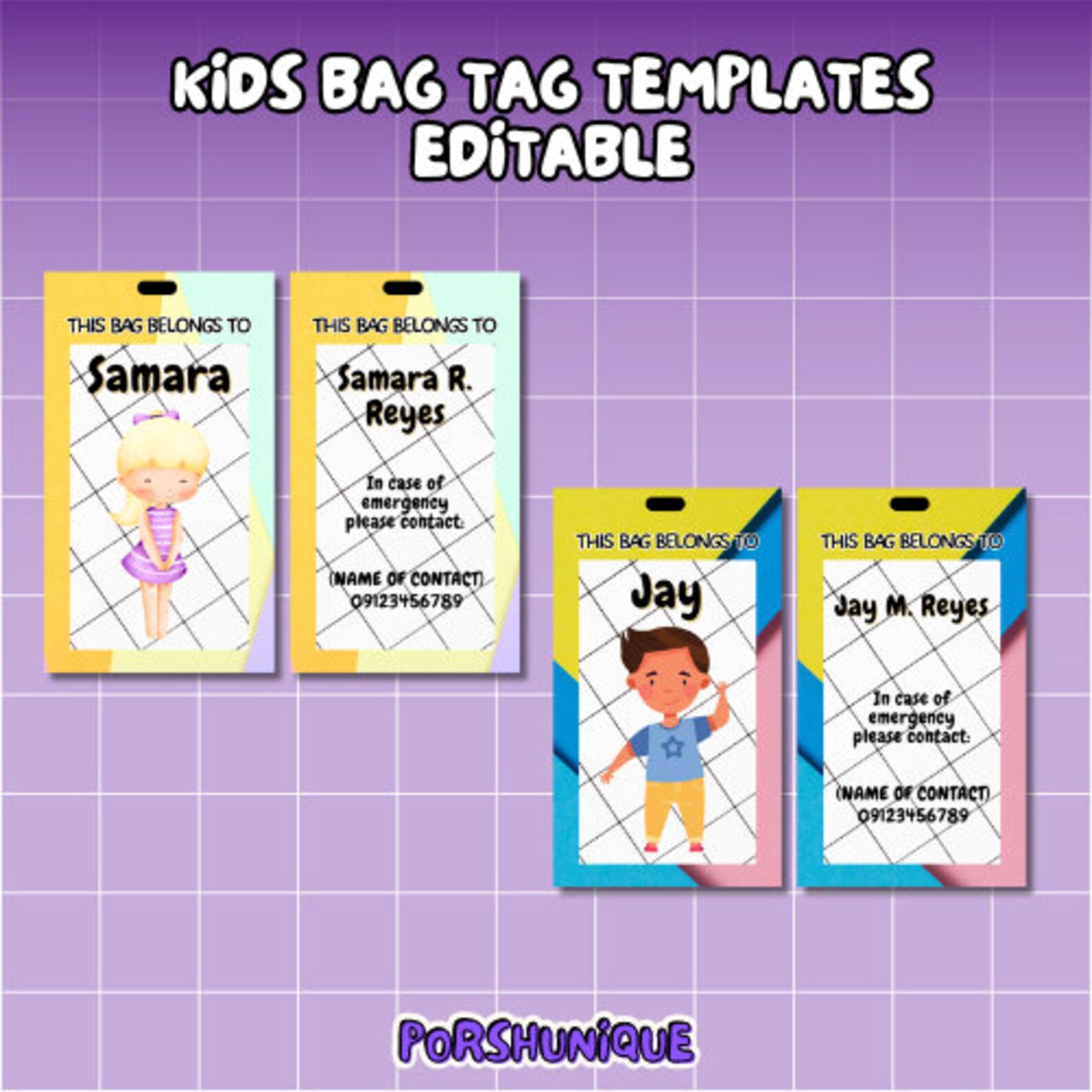Editable Kids Bag Tag Templates | Personalized Designs (digital ...