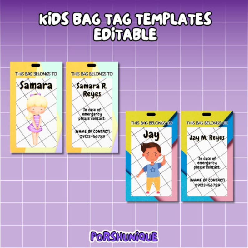 Editable Kids Bag Tag Templates | Cute & Personalized Digital Download ...