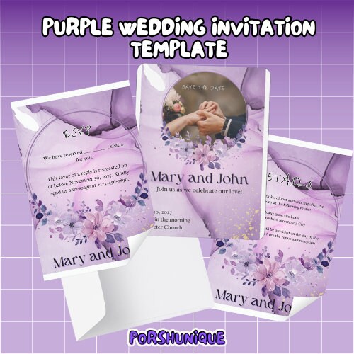 Editable Purple Wedding Invitation Template | Elegant Canva Design for ...