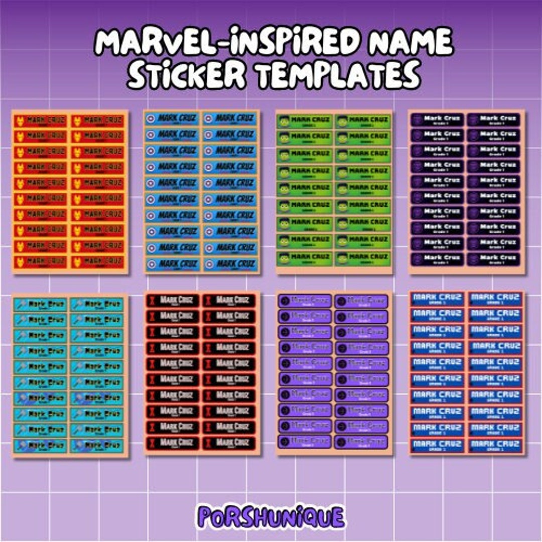 Editable Marvel-inspired Name Sticker Templates | Superhero Designs for ...