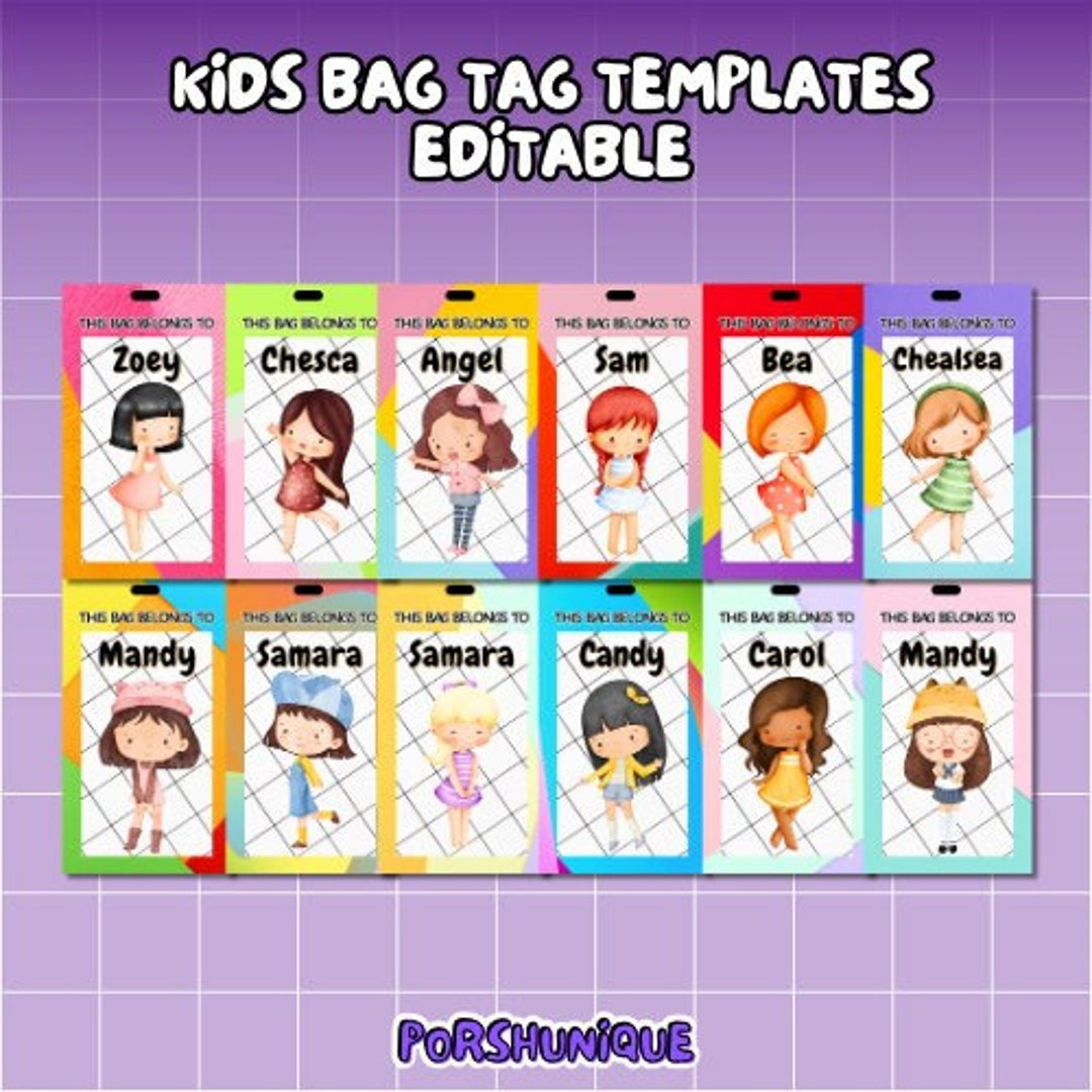 Editable Kids Bag Tag Templates | Cute & Personalized Digital Download ...