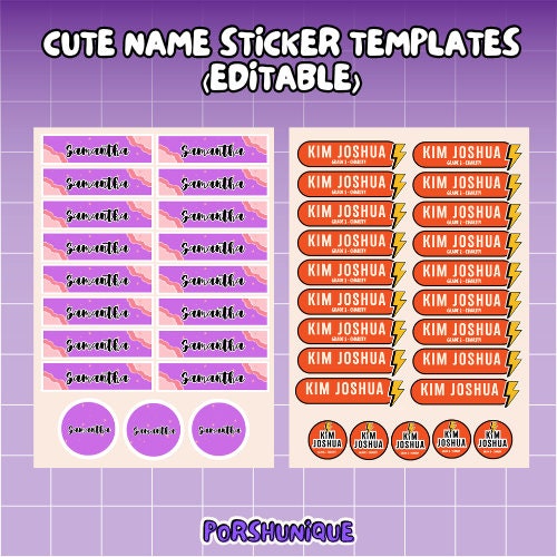 Editable Cute Name Sticker Templates | Adorable Designs for Kids in ...