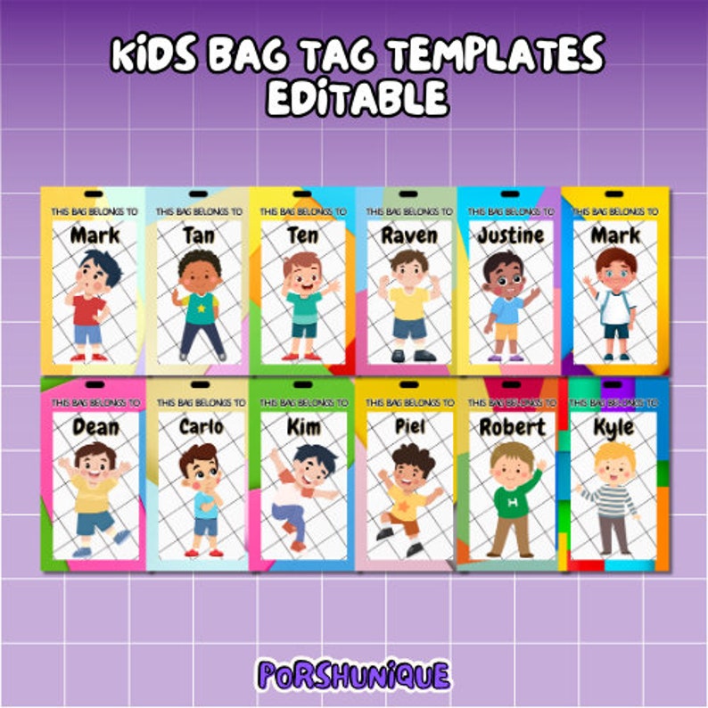 Editable Kids Bag Tag Templates | Cute & Personalized Digital Download ...