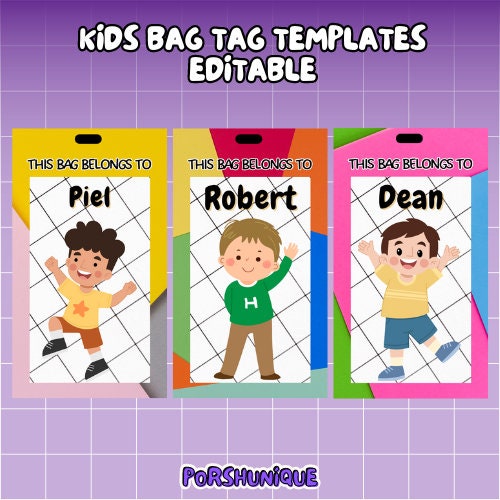 Editable Kids Bag Tag Templates | Cute & Personalized Digital Download ...