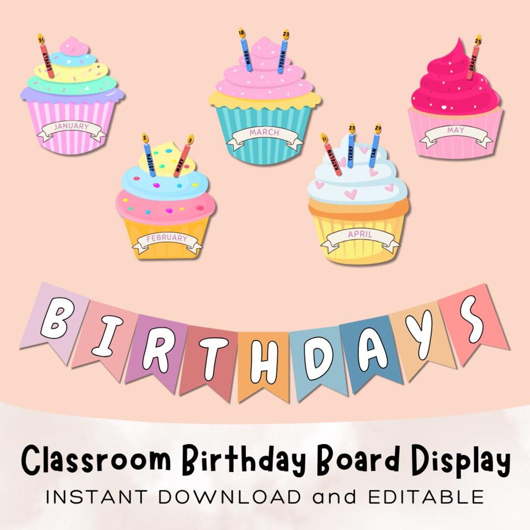 Birthday Bulletin Board Set - Cupcake Months Editable Name Candles ...