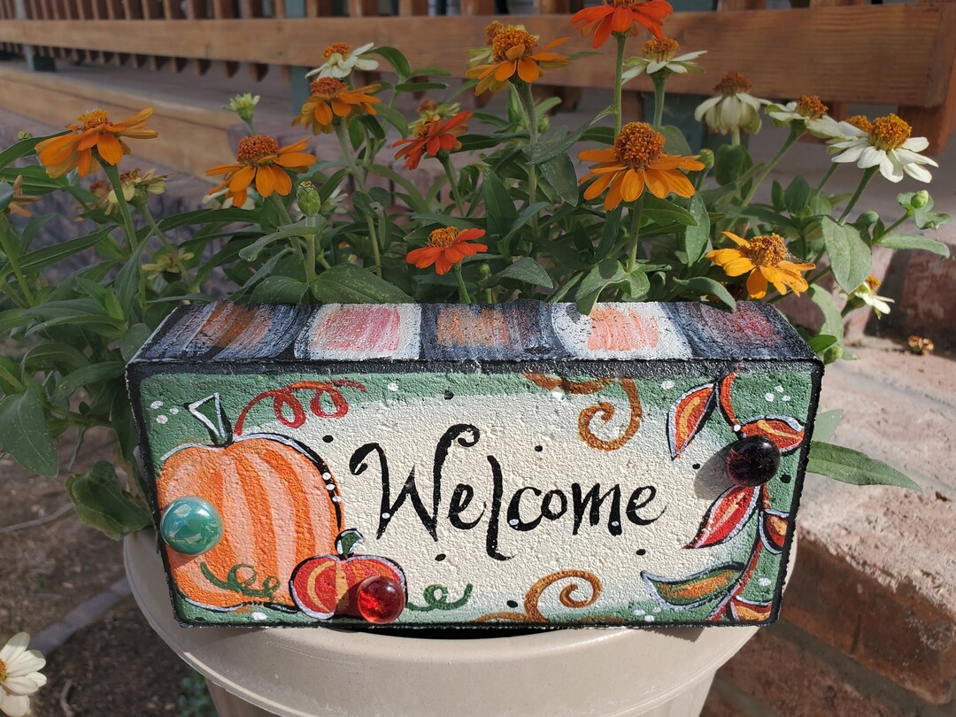 Fall Brick, Painted Brick, Welcome, Pumpkin, Fall Decor - Etsy